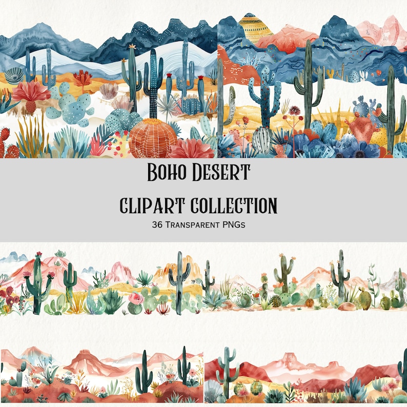 Boho Desert Clipart. Desert Scenes, Transparent Backgrounds, Borders ...