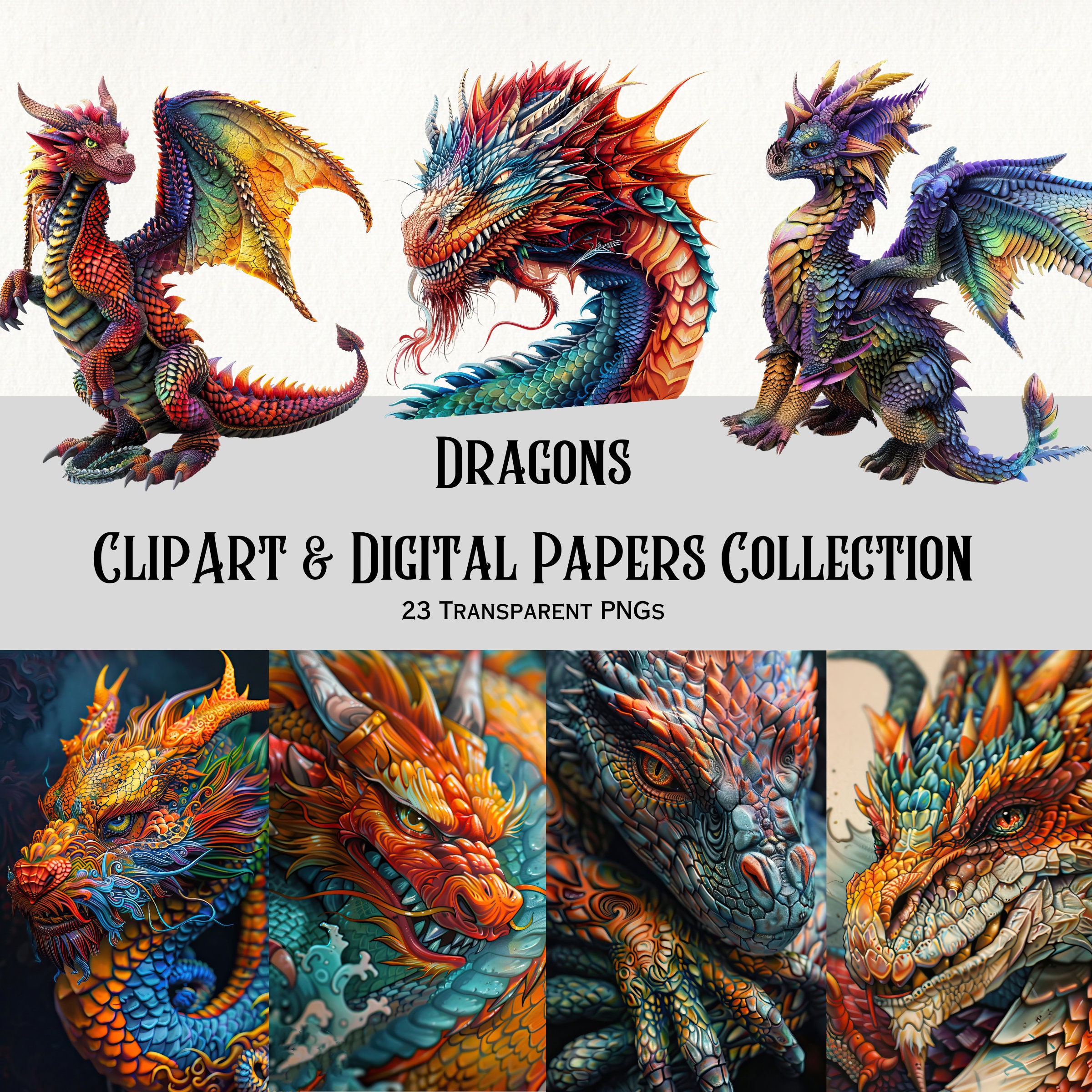 Dragon Clipart and Digital Papers. 300 DPI, 12 Pngs With Transparent ...