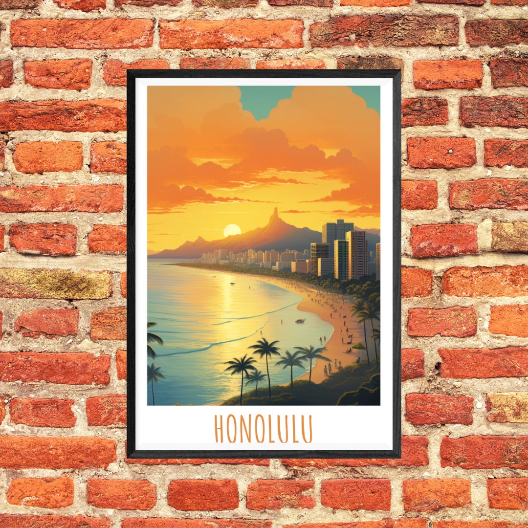 Honolulu Travel Poster, Waikiki Beach Sunset Print, Hawaiian Wall Art ...