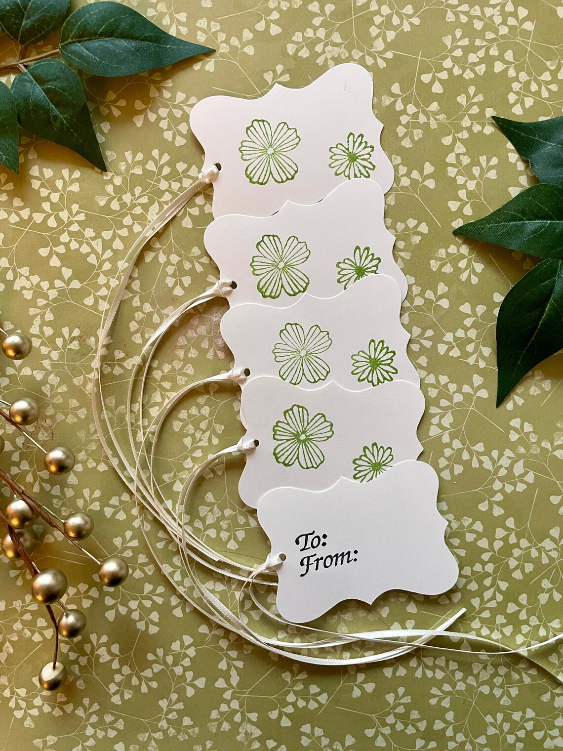 Flower Gift Tags, Stamped Gift Tags, Stamped Holiday Tags, Set of Gift ...
