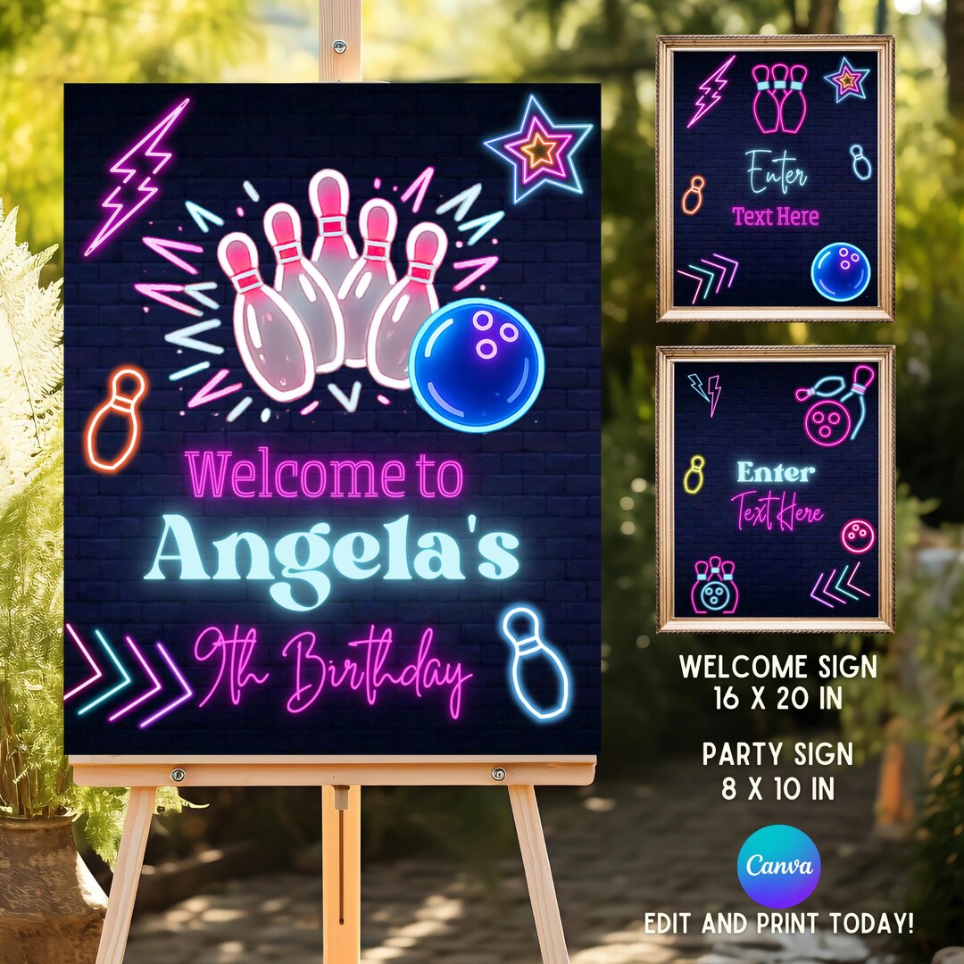 Bowling Birthday Welcome Sign | Editable Canva Neon Glow Bowling Alley ...