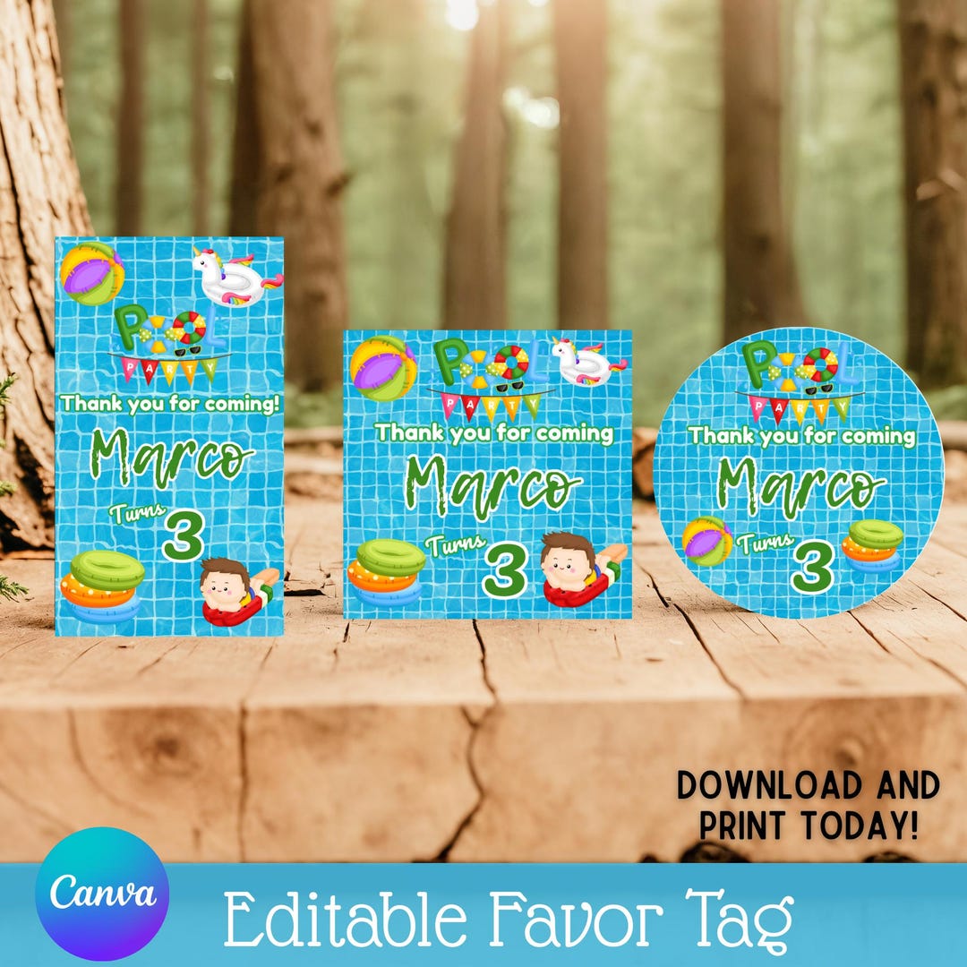 Pool Party Favor Tags, Editable Canva Birthday Gift Tag Bundle, Summer ...