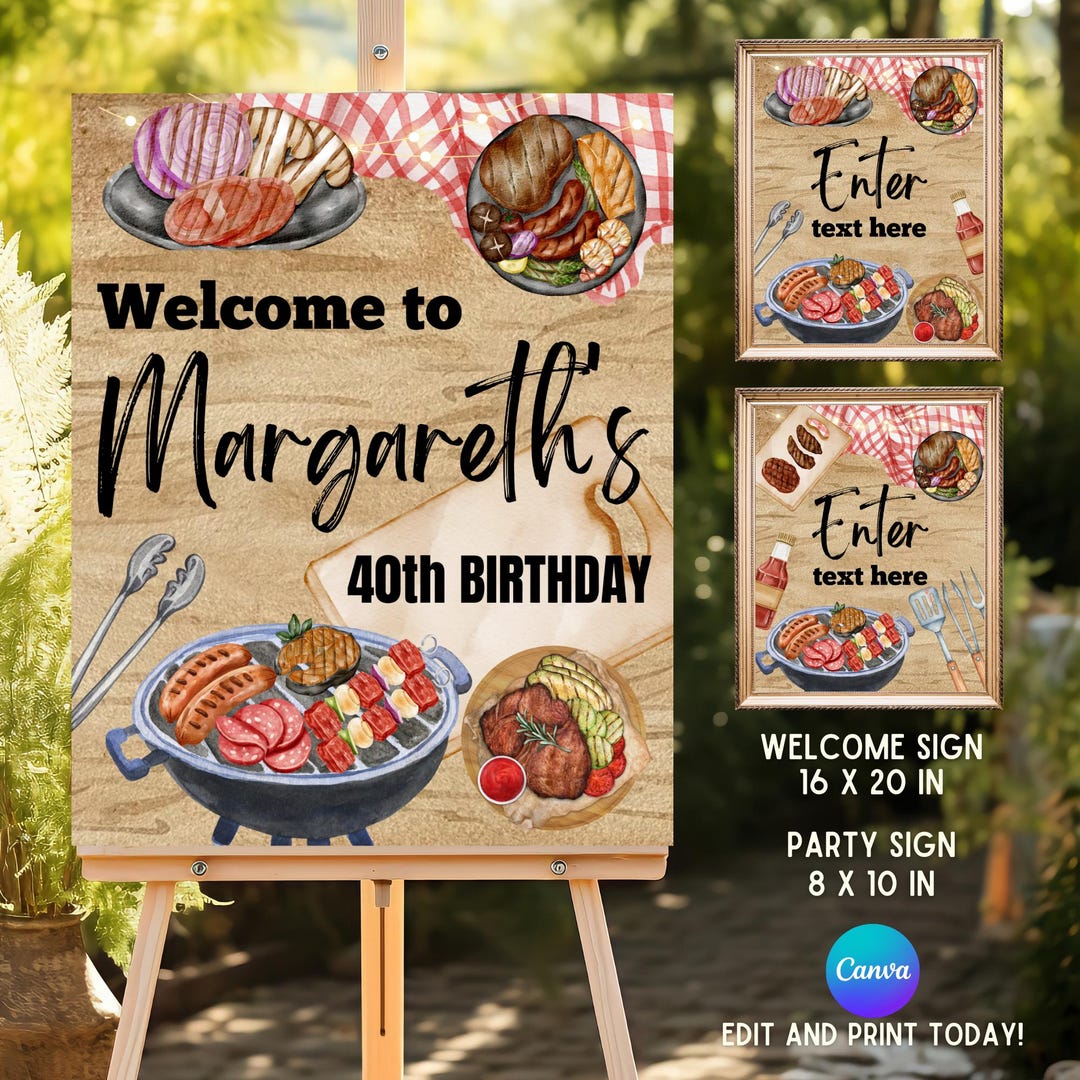 BBQ Birthday Welcome Sign, Grill Party Welcome Poster, Editable Canva ...