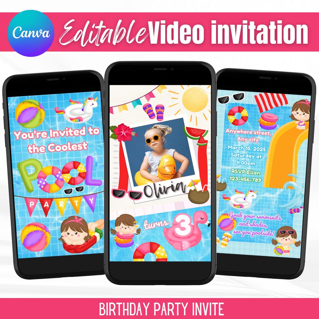 Pool Party Birthday Video Invitation, Girl Summer Party Canva Template ...