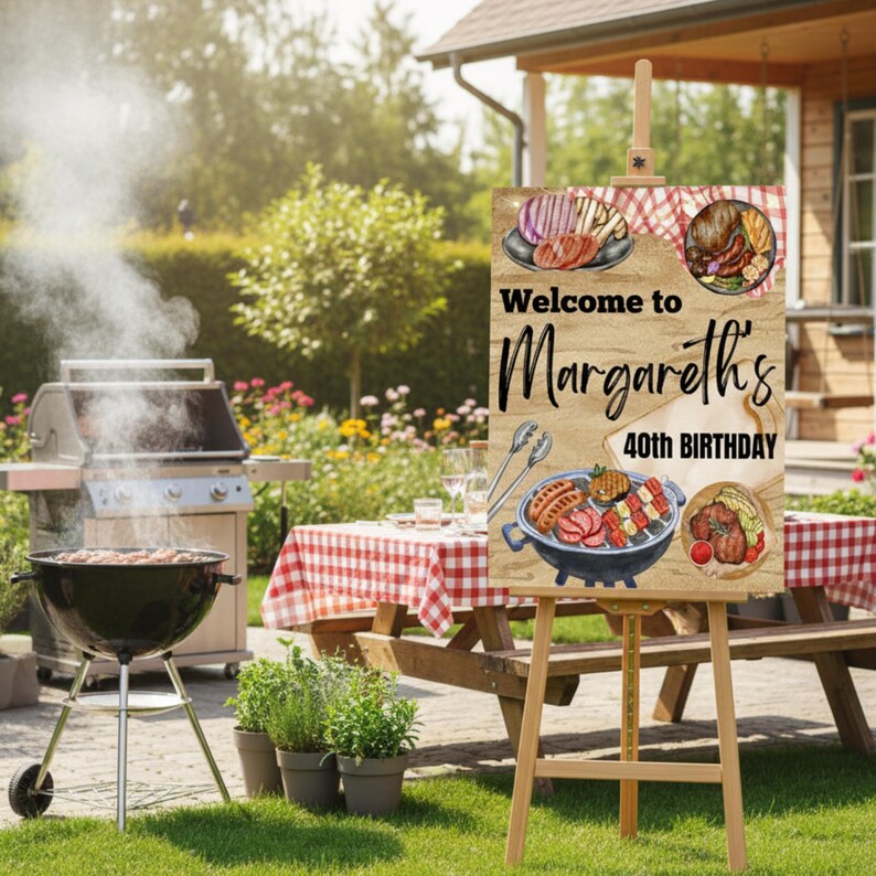 BBQ Birthday Welcome Sign, Grill Party Welcome Poster, Editable Canva ...