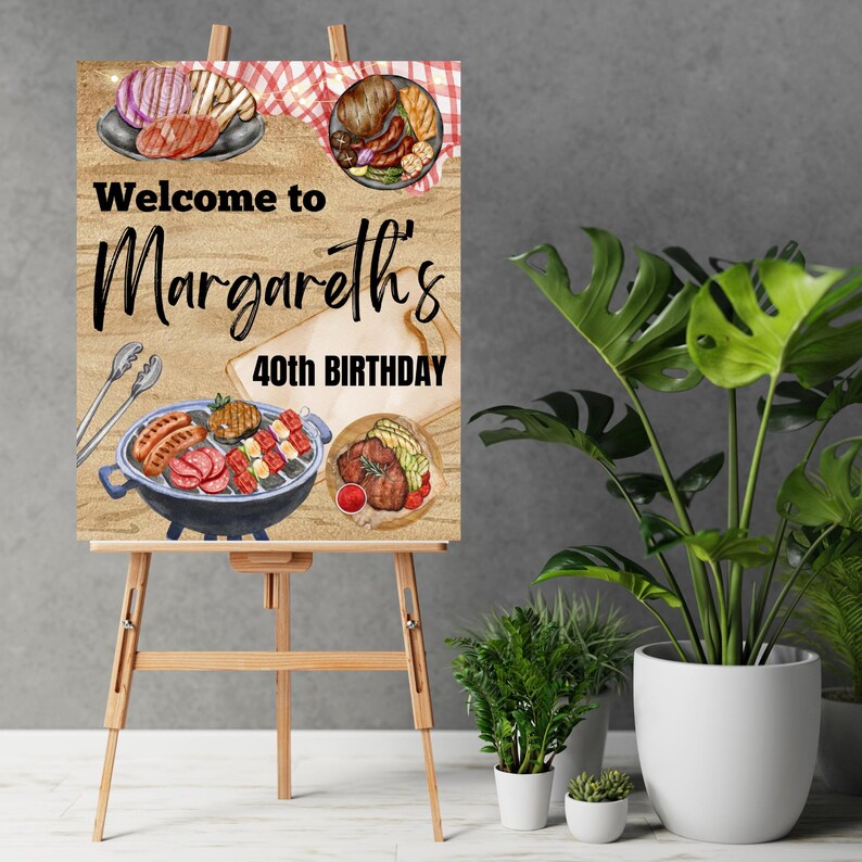 BBQ Birthday Welcome Sign, Grill Party Welcome Poster, Editable Canva ...