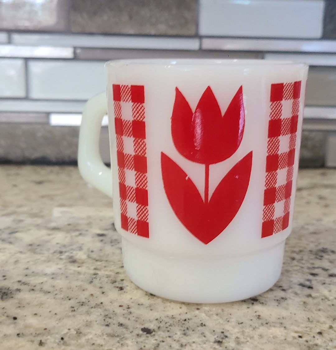 Vintage Termocrisa Stackable Milk Glass Mug With Retro Red Tulip and ...