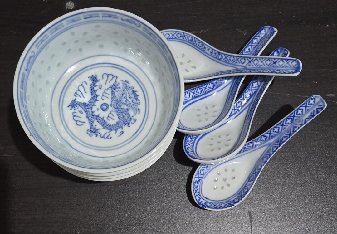 Chinese Rice Grain Pattern Set 4 Rice Spoons With Bowls - Etsy