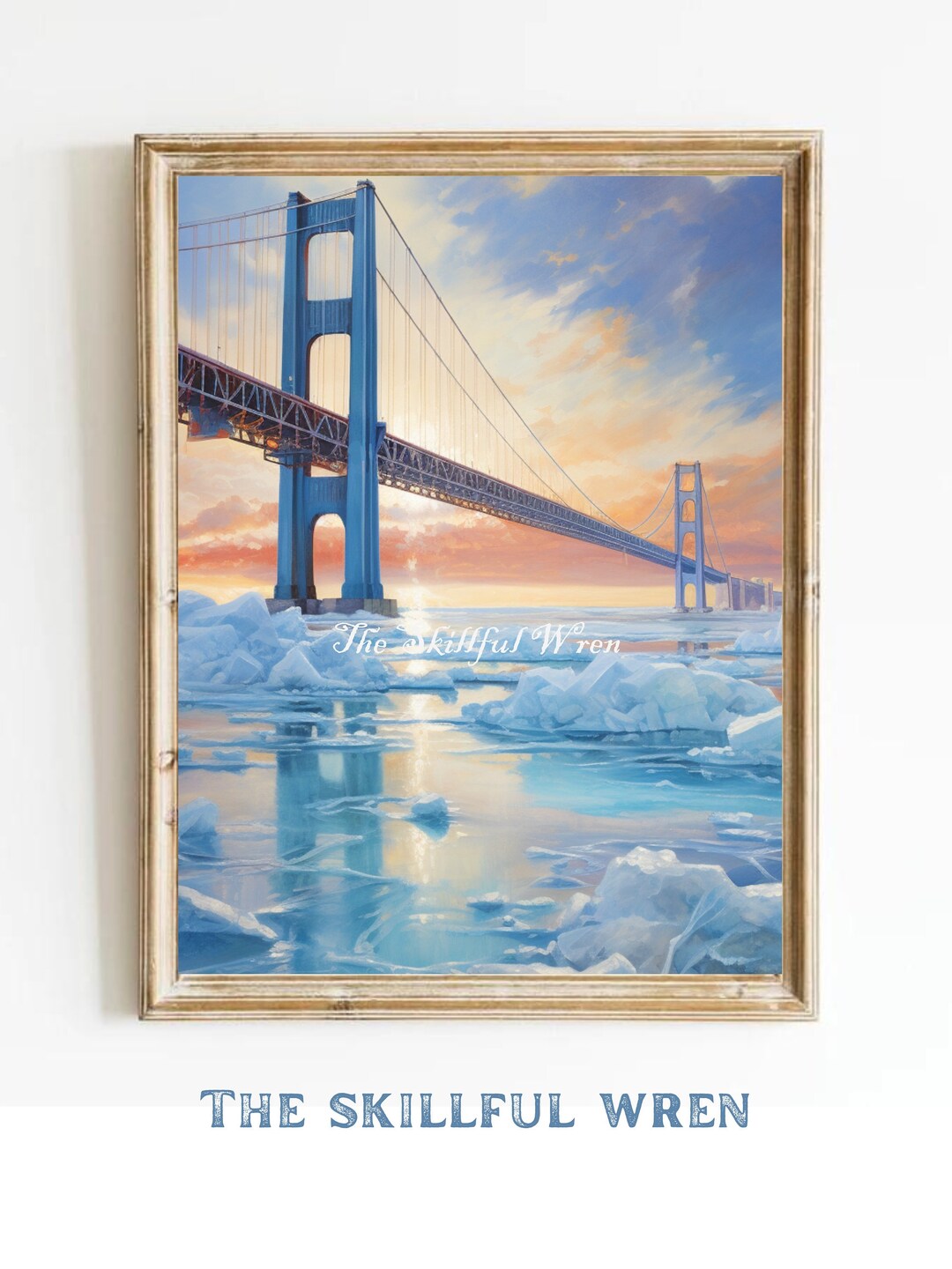 Northern Bridge Winter Scene With Blue Ice Print Matte Canvas ...