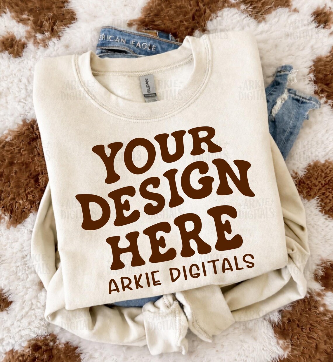 Gildan G180 Sand Flat Lay Mockup, Trendy Styled Gildan Crewneck Mockup ...