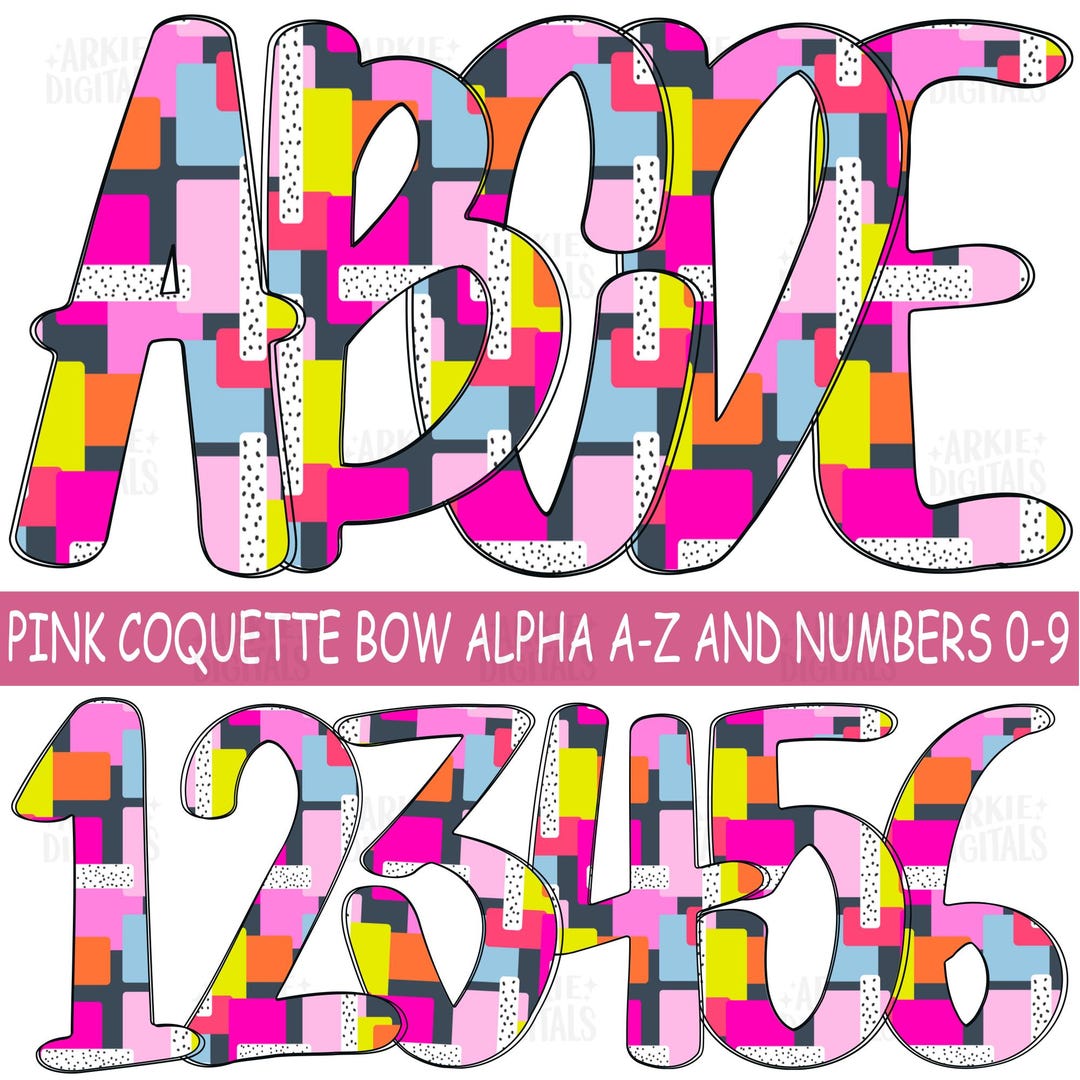 Trendy Colorful Block Color Doodle Alphabet, Girly Bow Doodle Letters ...