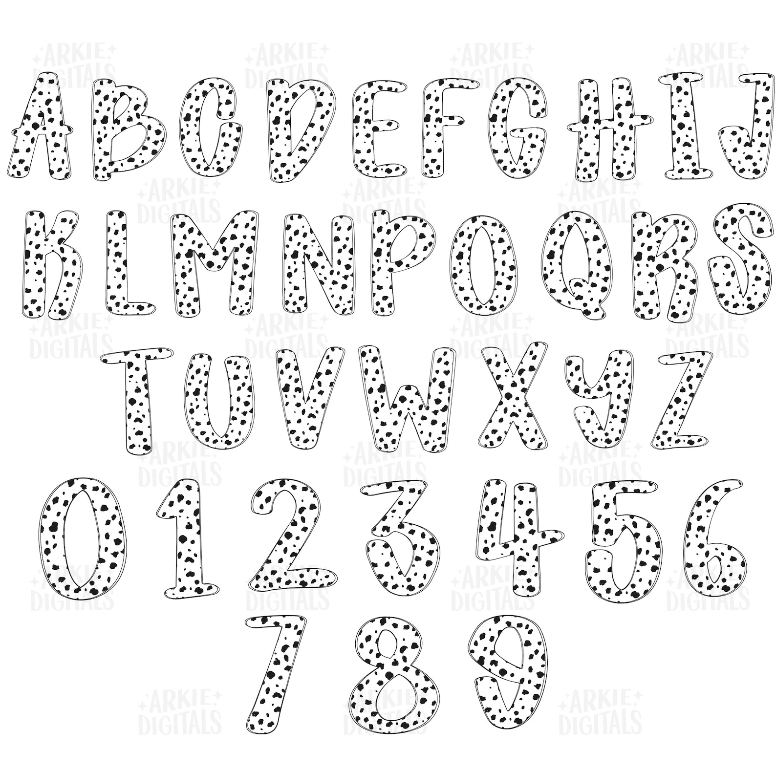Trendy DALMATIAN PRINT Alphabet Png, Doodle Alphabet Bundle, Polka Dot ...