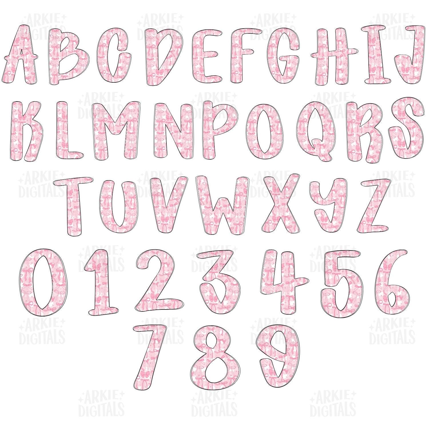 Trendy Coquette Pink Bow Doodle Alphabet, Girly Bow Doodle Letters ...
