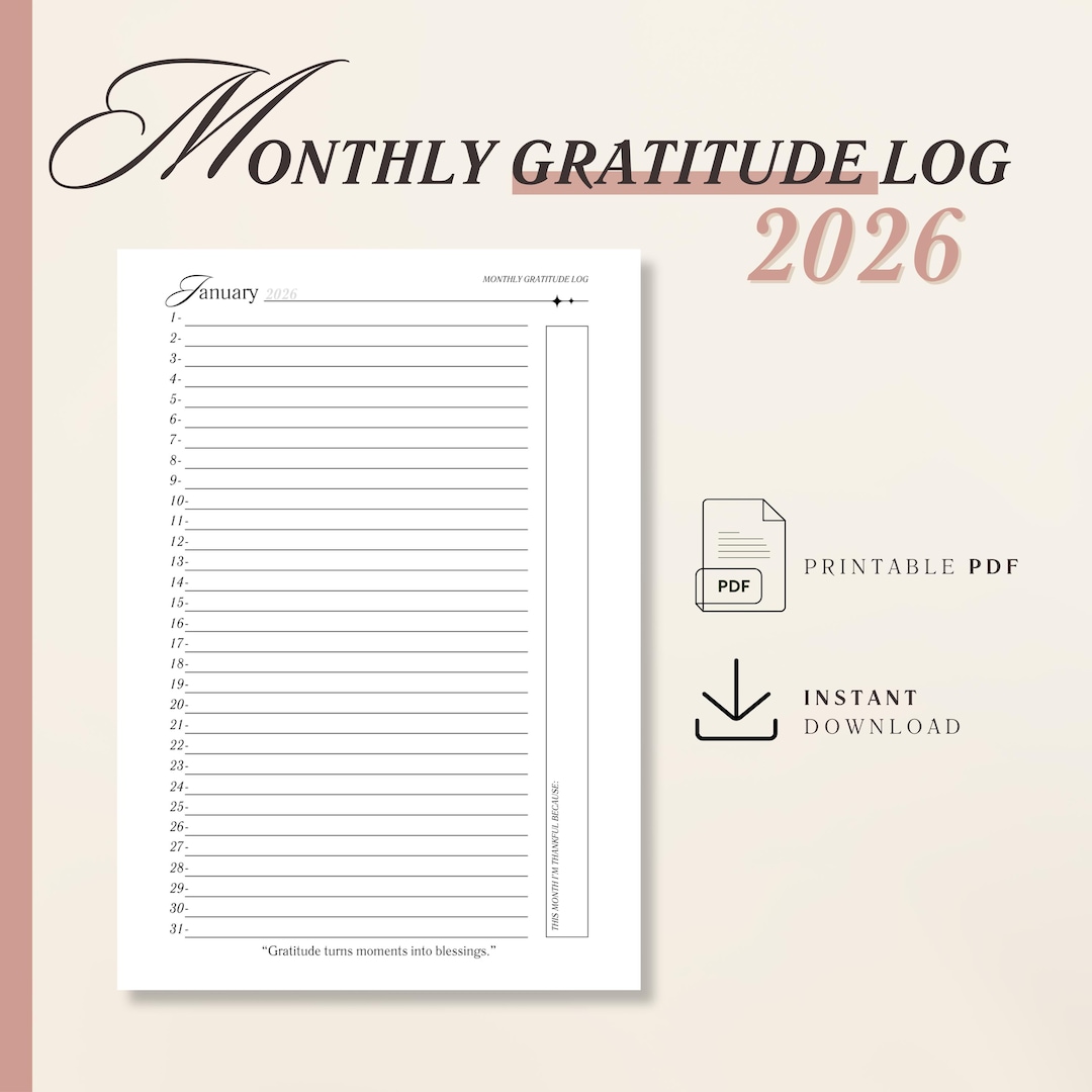 Monthly Gratitude Log | Printable Gratitude Journal | Digital Download ...