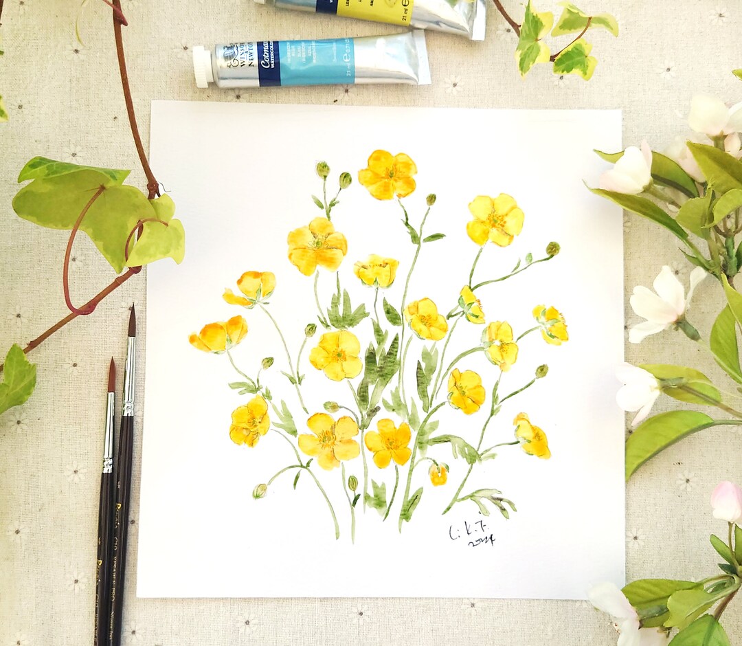 Original Watercolor Painting ,realistic Yellow Buttercup Flowers ...