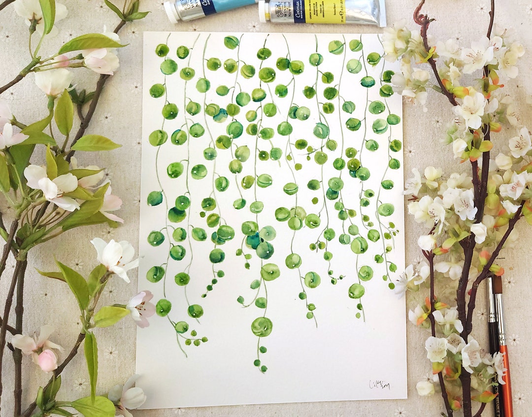 Hand-painted String of Pearls: Green Plant Still Life Painting - Etsy