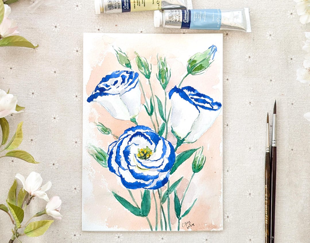 Hand Painted Blue Eustoma Watercolour Painting, Floral Painting ...