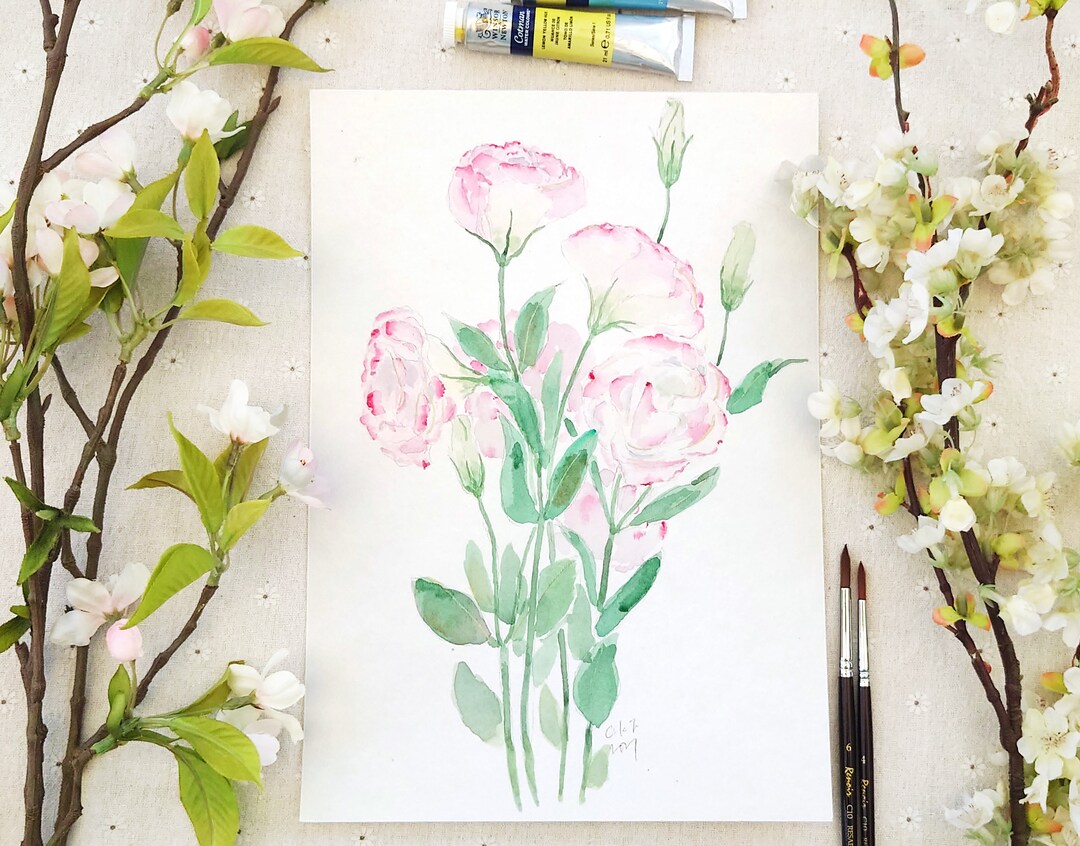 Original Pink Eustoma Watercolor Painting: Botanical Illustration (A4 ...