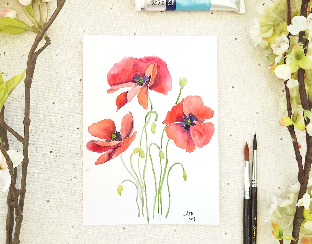Original Red Poppy Watercolor Painting: Botanical Floral Art - Etsy