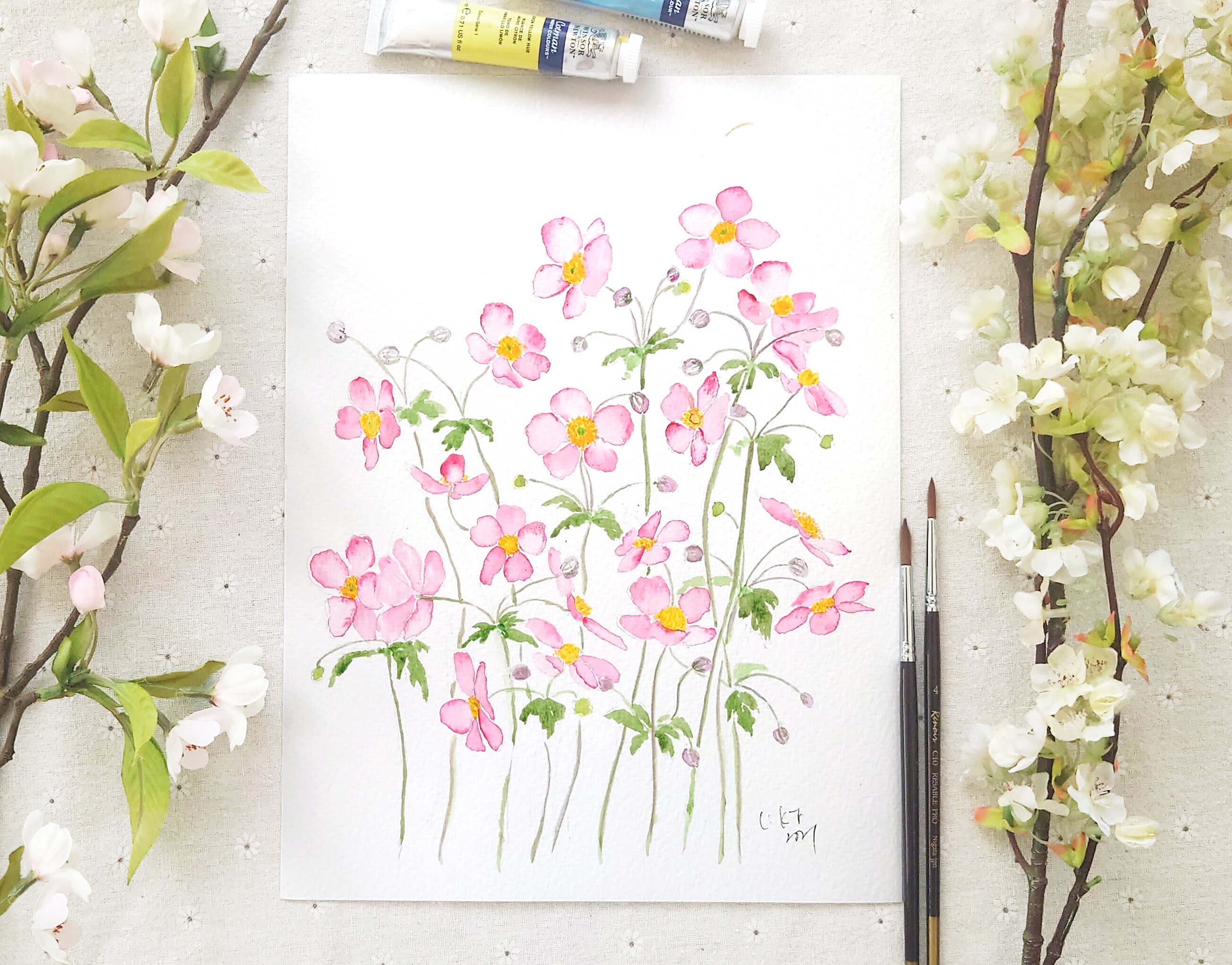 Original Pink Anemone Watercolor Painting: Botanical Illustration - Etsy