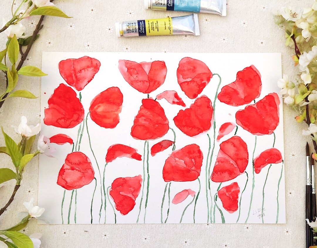 Original Red Poppy Watercolor Painting: Abstract Floral Botanical ...