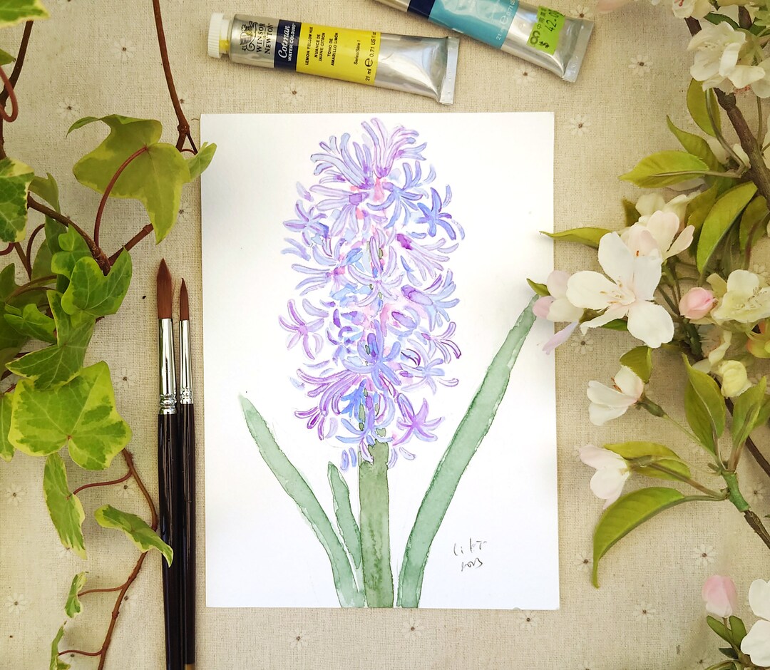Original Blue Hyacinth Watercolor Painting: Botanical Illustration A5 ...