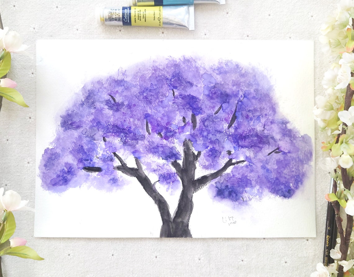 Hand Painted Indigo Blue Jacaranda Mimosifolia Flowering Tree,still ...