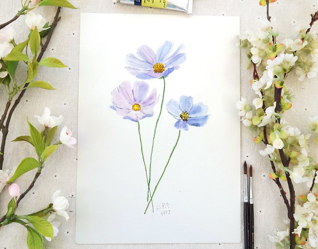 Original Cosmos Watercolor Painting: Purple & Blue Floral Still Life - Etsy