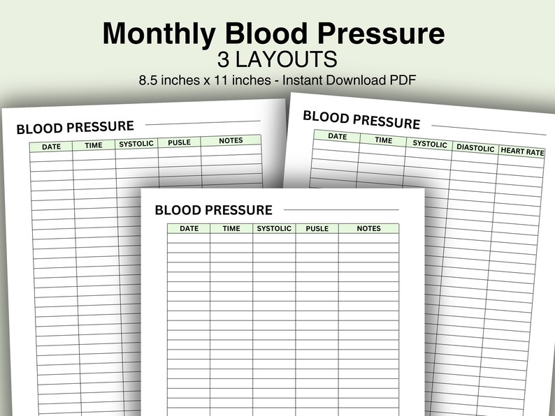 Printable Blood Pressure Log, Blood Pressure Tracker, Daily Pulse ...