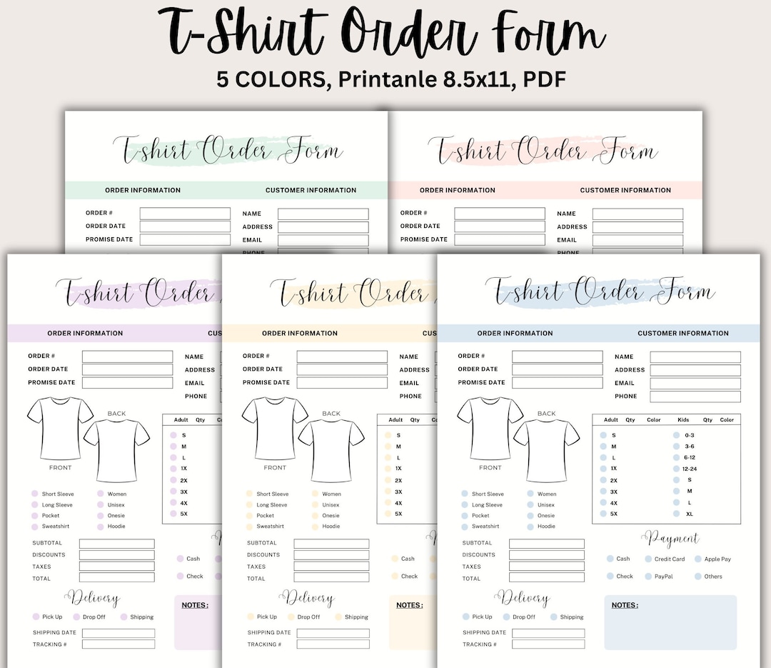 Printable T-shirt Order Form Template, Purchase Order Tracker, Invoice ...