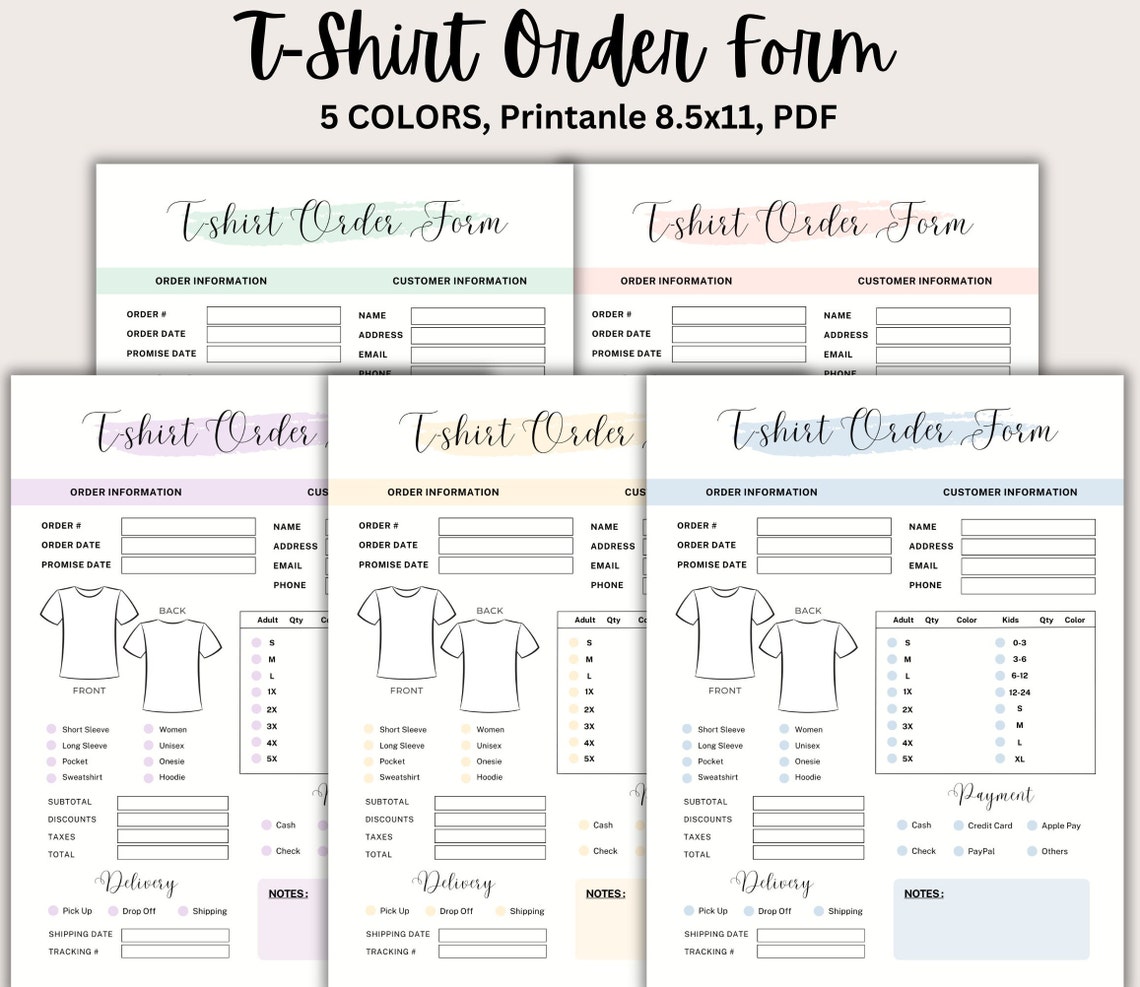 Printable T-shirt Order Form Template, Purchase Order Tracker, Invoice ...