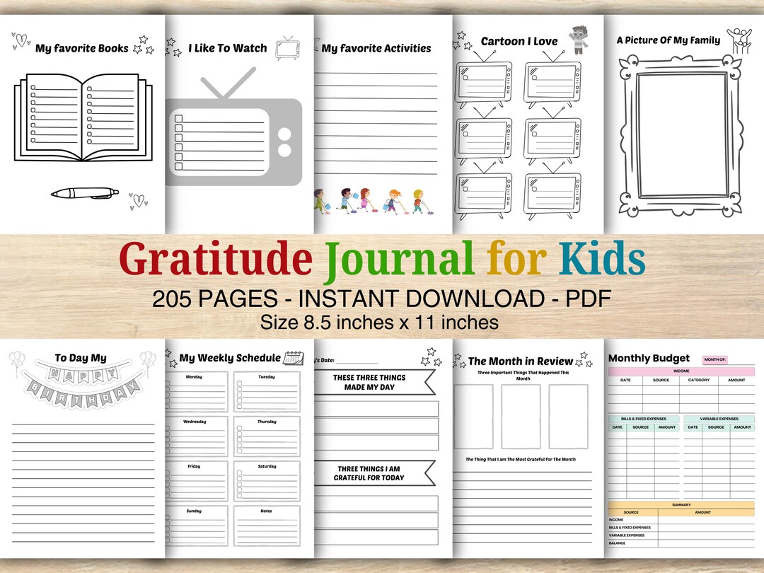 205 Pages Kids Gratitude Journal Bundle, Printable Wellness Worksheets ...