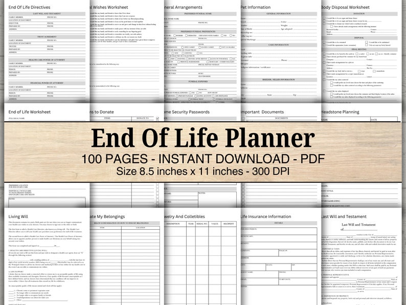 100 Pages End of Life Planner, Printable Funeral Planner, Emergency ...