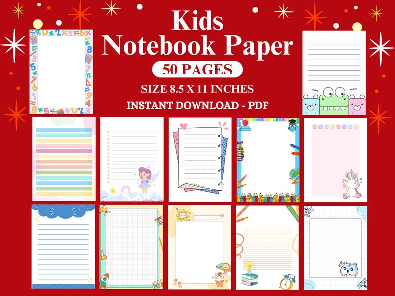 50 Kids Notebook Paper Templates Bundle, Printable Writing Paper ...