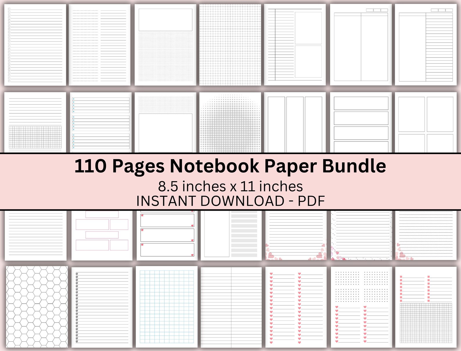110 Pages Printable Notebook Paper Bundle, Lined Journal Sheets, Back ...