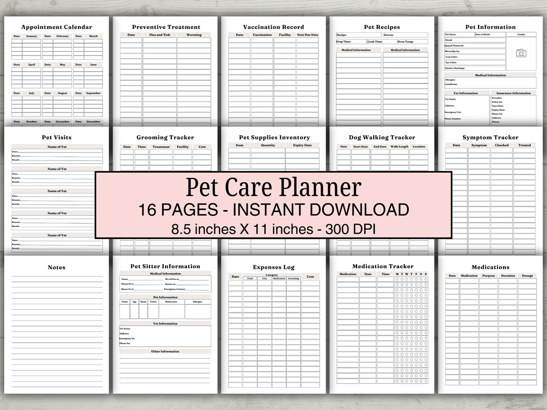 16 Pages Pet Care Planner, Printable Pets Health Record, Wellness ...