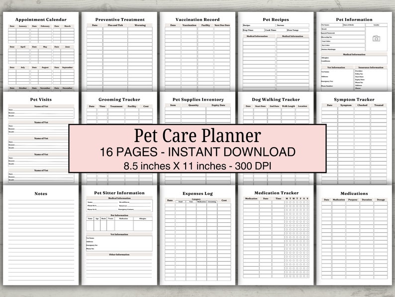 16 Pages Pet Care Planner, Printable Pets Health Record, Wellness ...