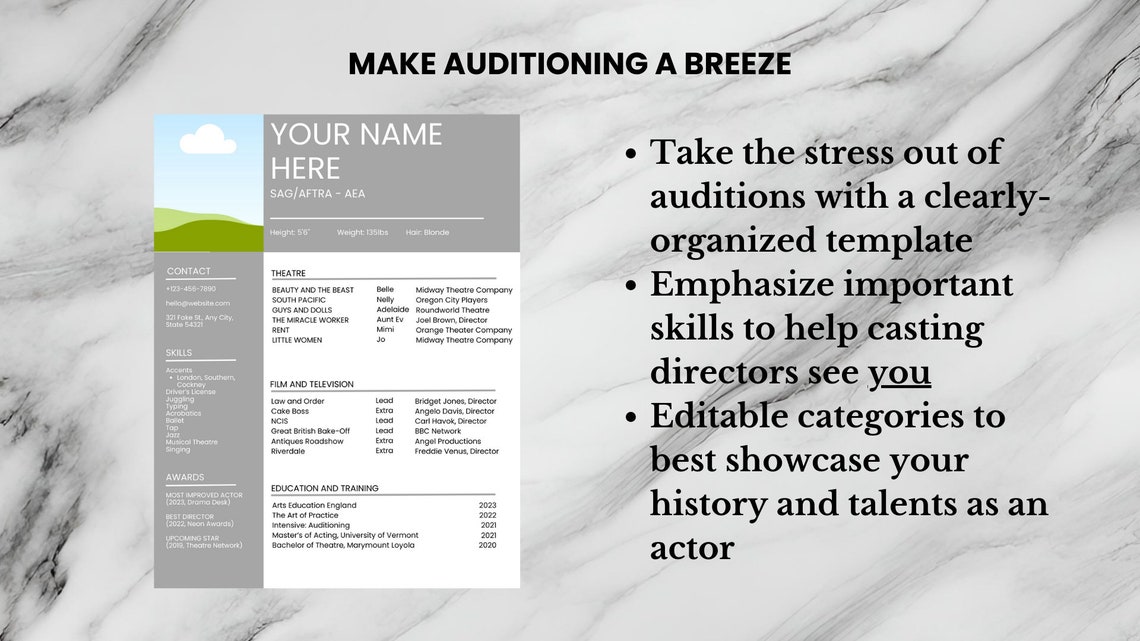 Professional Actor Resume Template Canva | Editable CV for Actors ...