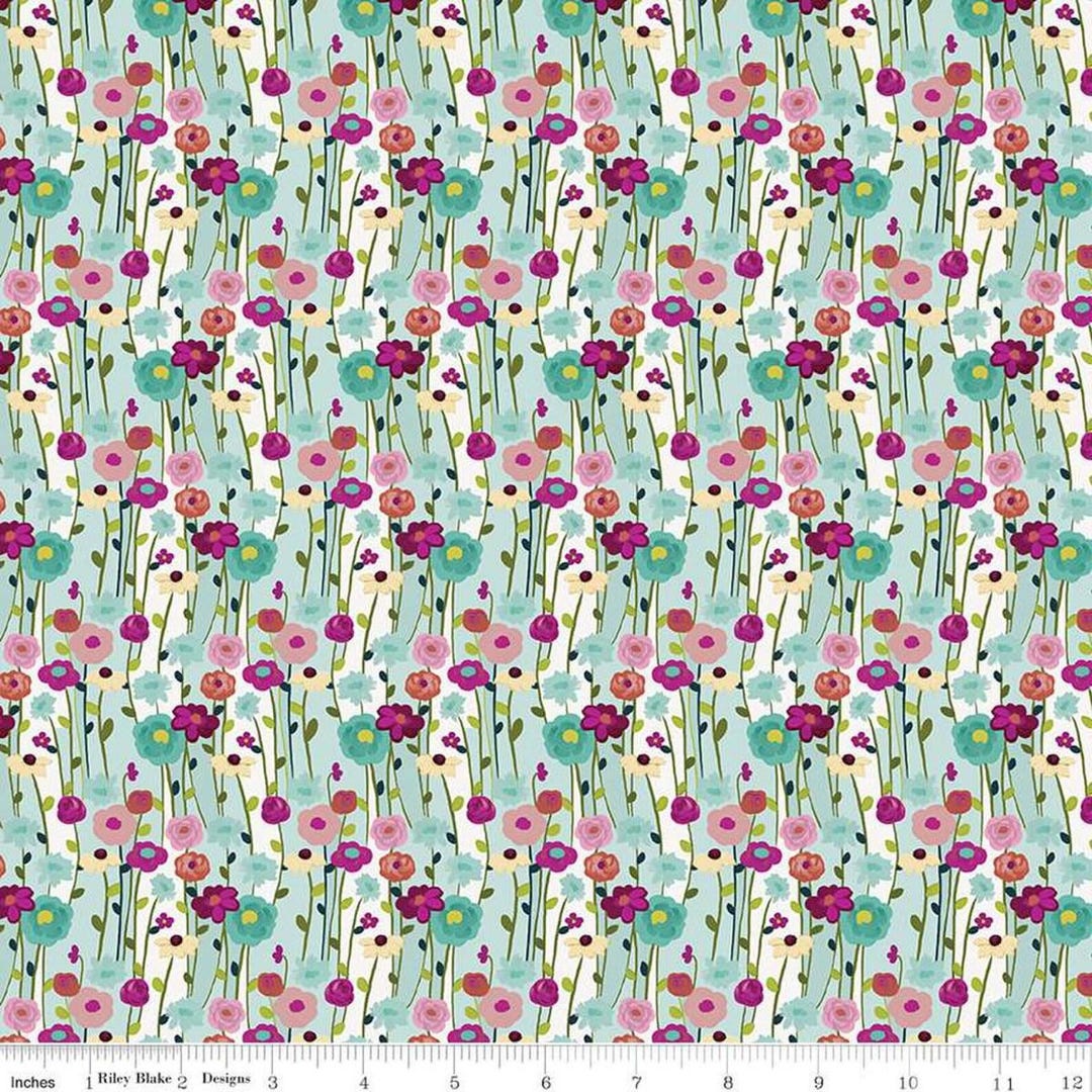 Fragrant Fields Flowers Aqua- C15225- Riley Blake Designs-aqua Blue ...