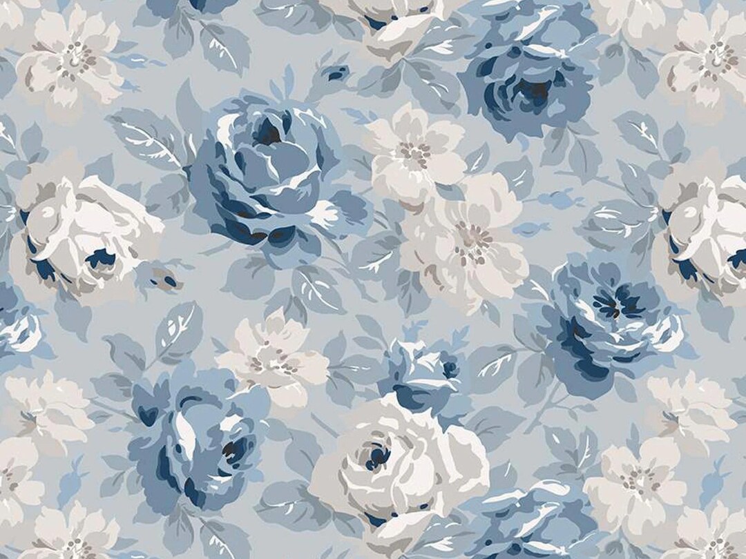 Serenity Blues Main Gray C14780- Riley Blake Designs- Blue Roses- Blue ...