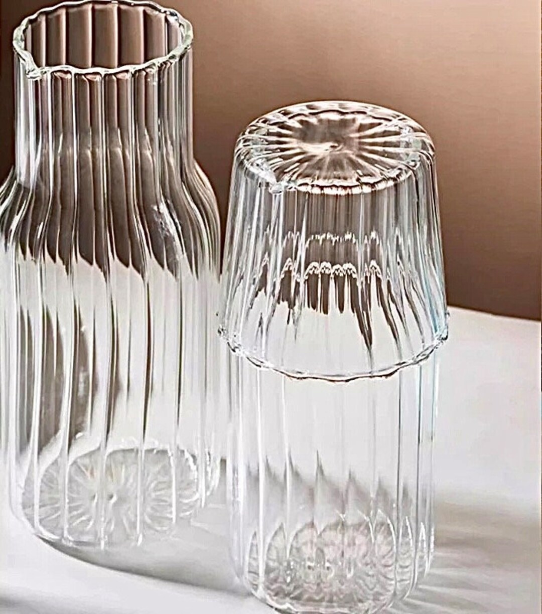 Rippled Bedside Carafe, Retro Water Carafe and Glass Tumbler, 2-piece ...