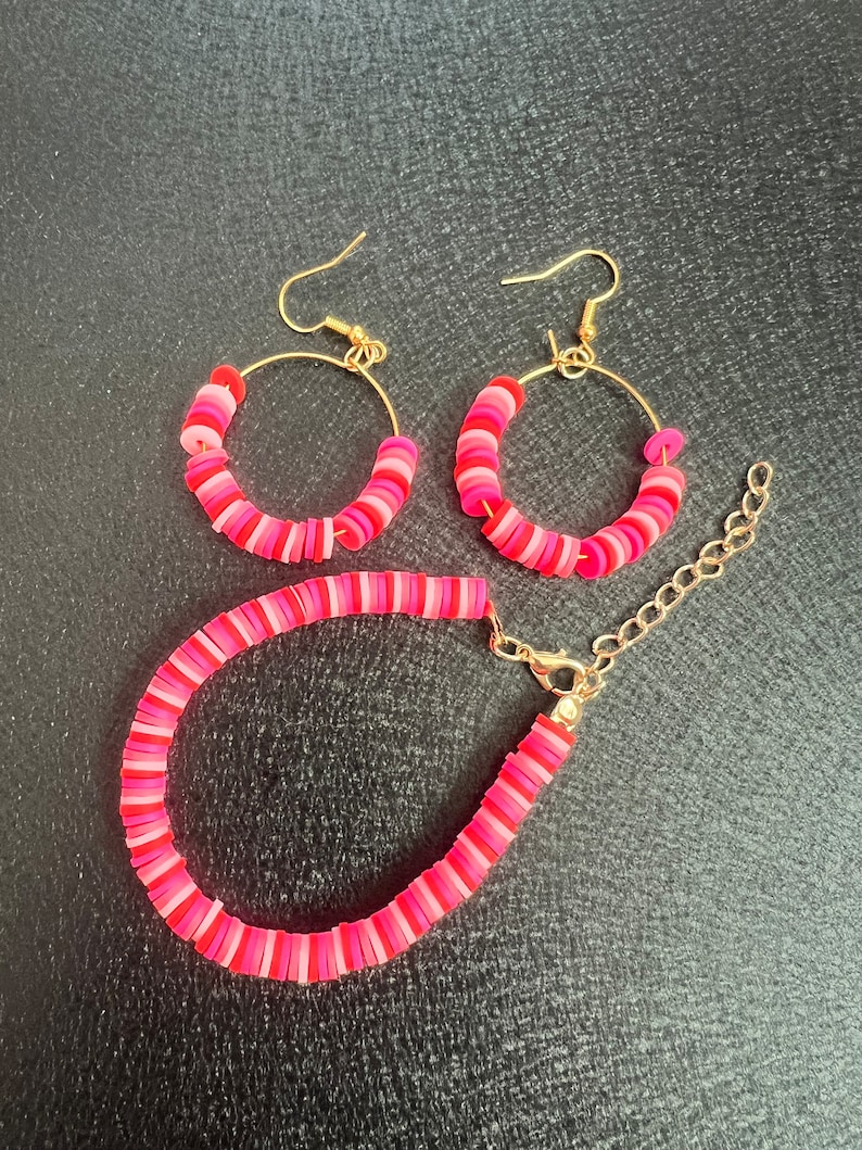 Red and Pink Clay Bead Bracelet and Earring Set - Etsy