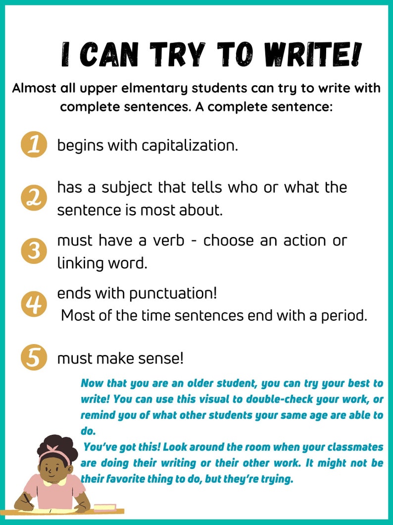 Complete Sentences Visual Aid, Student Writing Checklist (digital ...