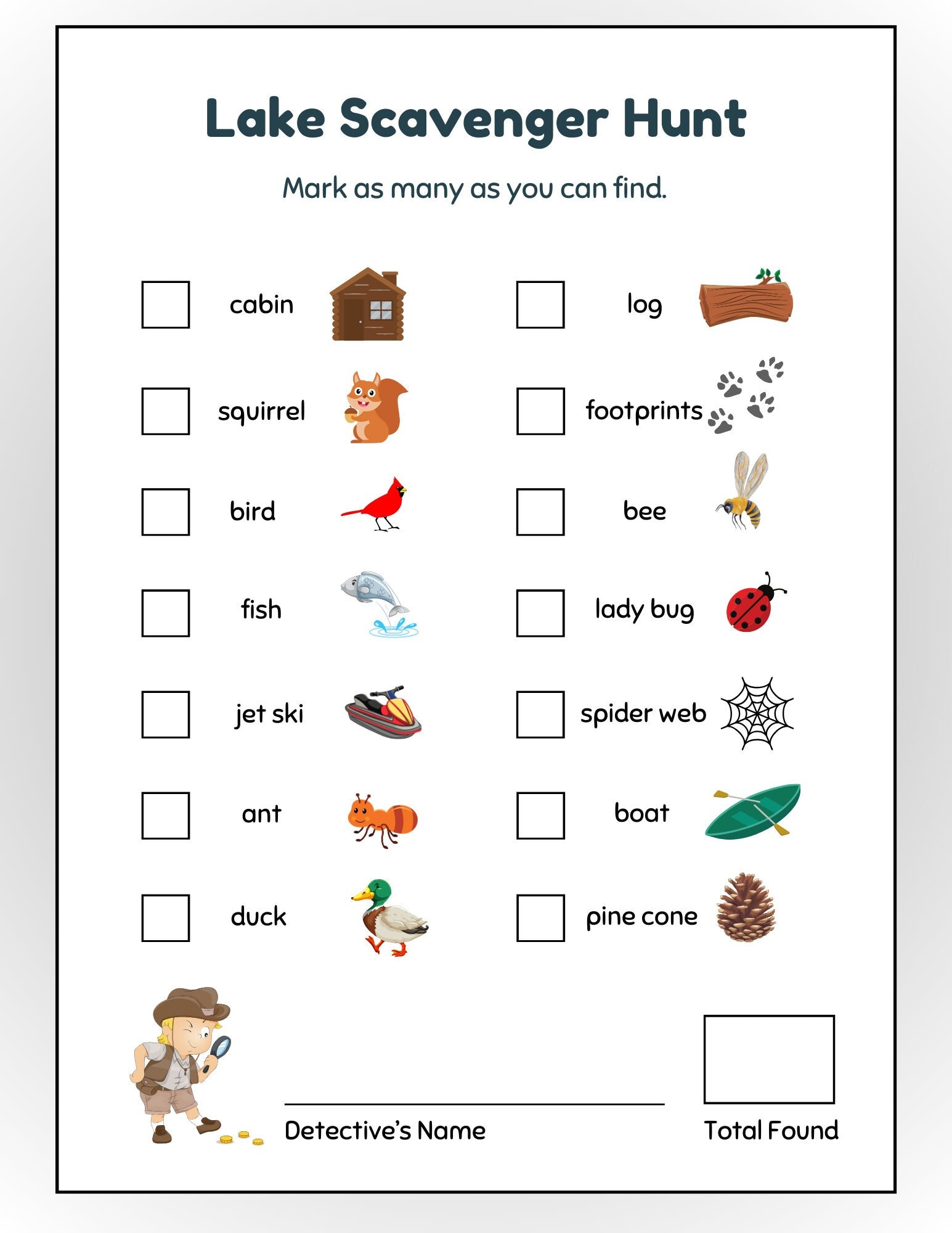 Lake Scavenger Hunt, Lake Vacation Games, Camping Treasure Game for ...