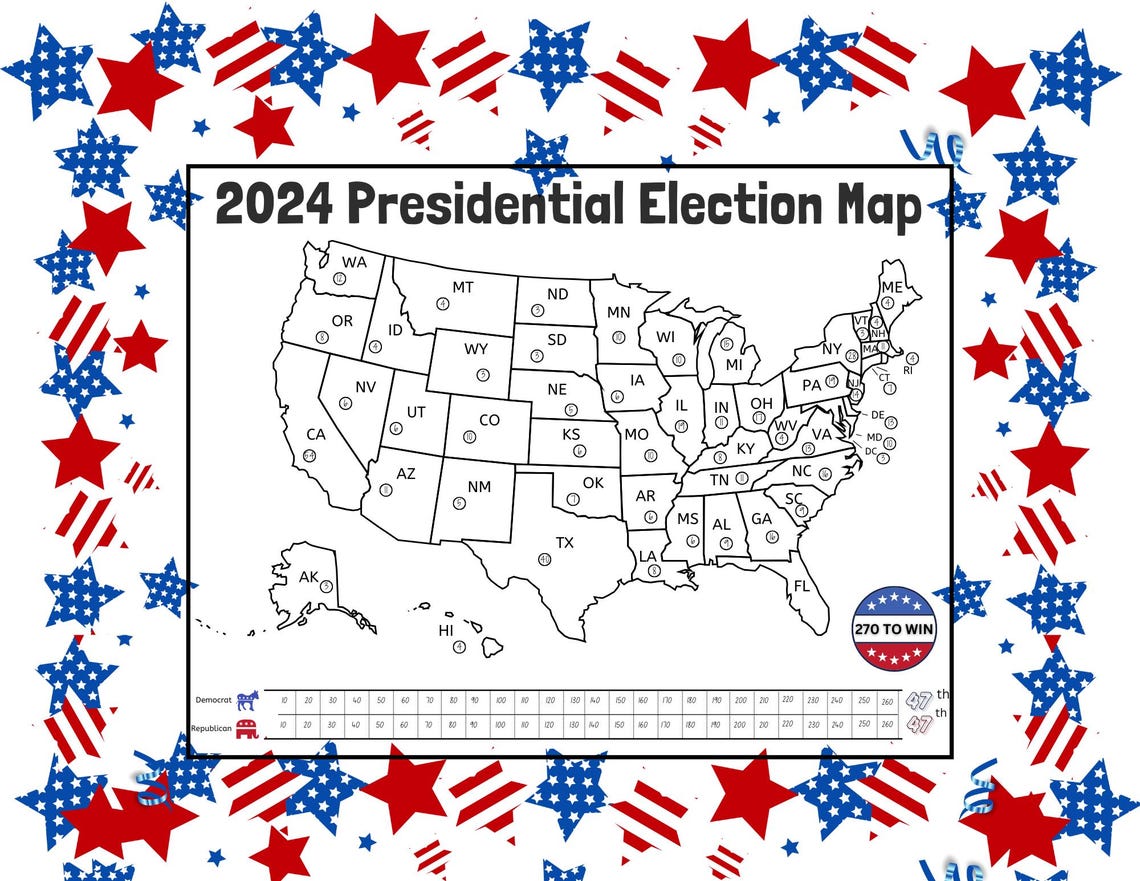 Election Map, Printable 2024 Presidential Watch Party Game, Electoral ...