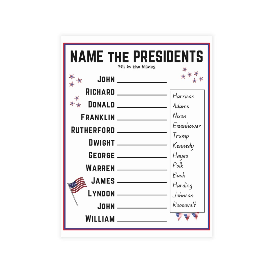 Name the Presidents Election Night Game for Teens Match the Presidents ...