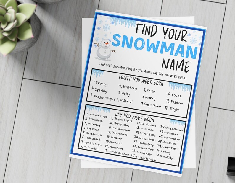 Snowman Name Game for Kids Scavenger Hunt Games, Printable Game, Find ...