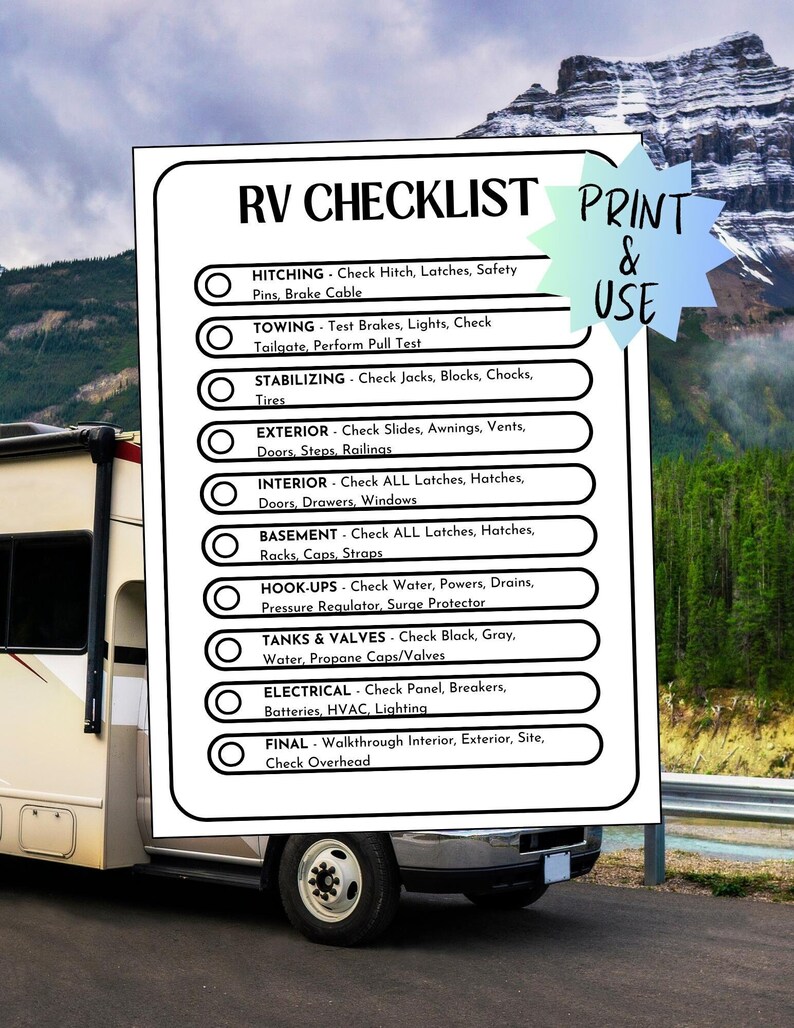 RV Checklist, Printable Checklist for RV Travel Trailer, New Motorhome ...
