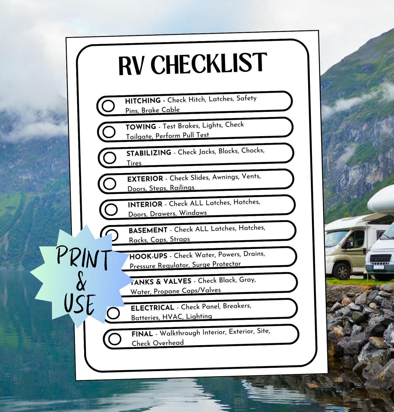 RV Checklist, Printable Checklist for RV Travel Trailer, New Motorhome ...