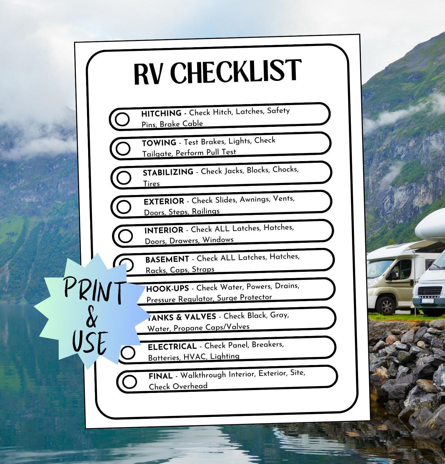 RV Checklist, Printable Checklist for RV Travel Trailer, New Motorhome ...